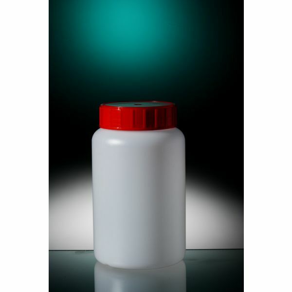 fles rond HDPE 500ml, rode schroefstop en indrukstop