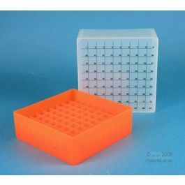 Cryobox PP Eppi95 130x130mm H93mm voor 9x9 tubes tot ø12.5mm - neon oranje